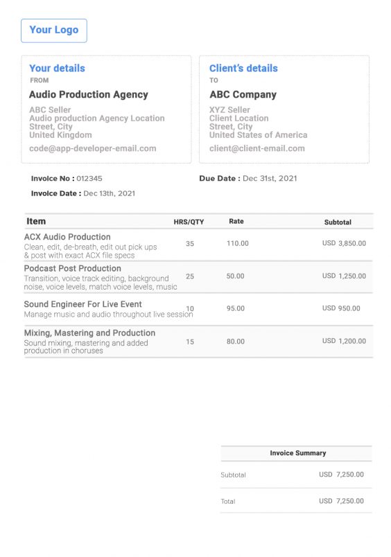 Audio Production Invoice Template Free Invoice Generator
